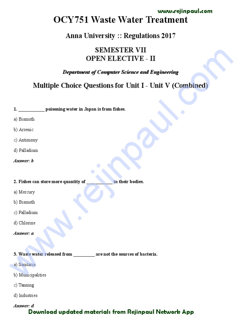 Wastewater Treatment MCQs and Answers | PDF | Sewage Treatment | Water ...