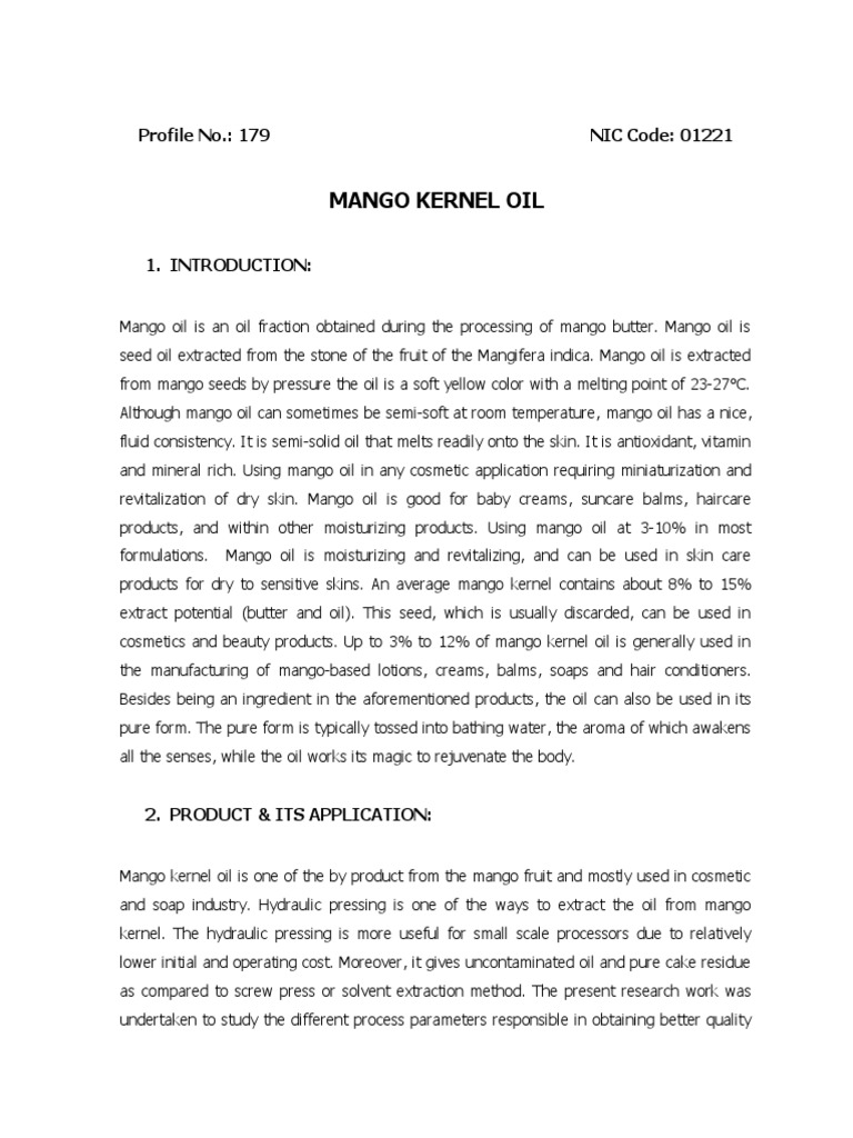 Mango Kernel Oil: Profile No.: 179 NIC Code: 01221 | PDF | Mango | Fat