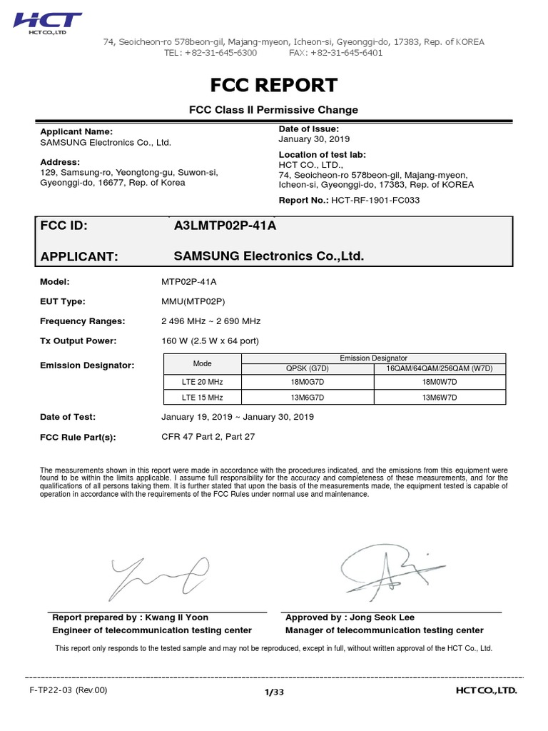 FCC Report: FCC Id: Applicant: A3LMTP02P-41A SAMSUNG Electronics Co ...