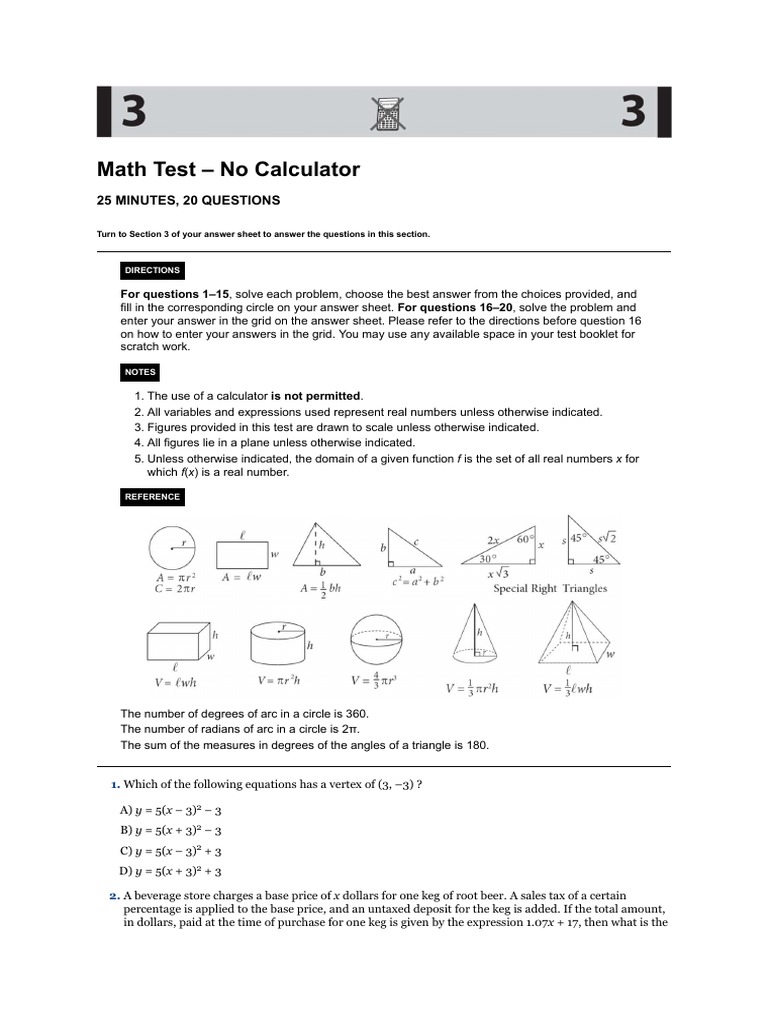 Math Test - No Calculator: 25 Minutes, 20 Questions | PDF | Influenza ...