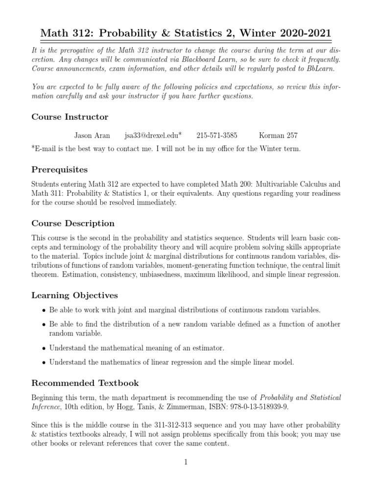 MATH 312 Syllabus | PDF | Academic Dishonesty | Probability Distribution