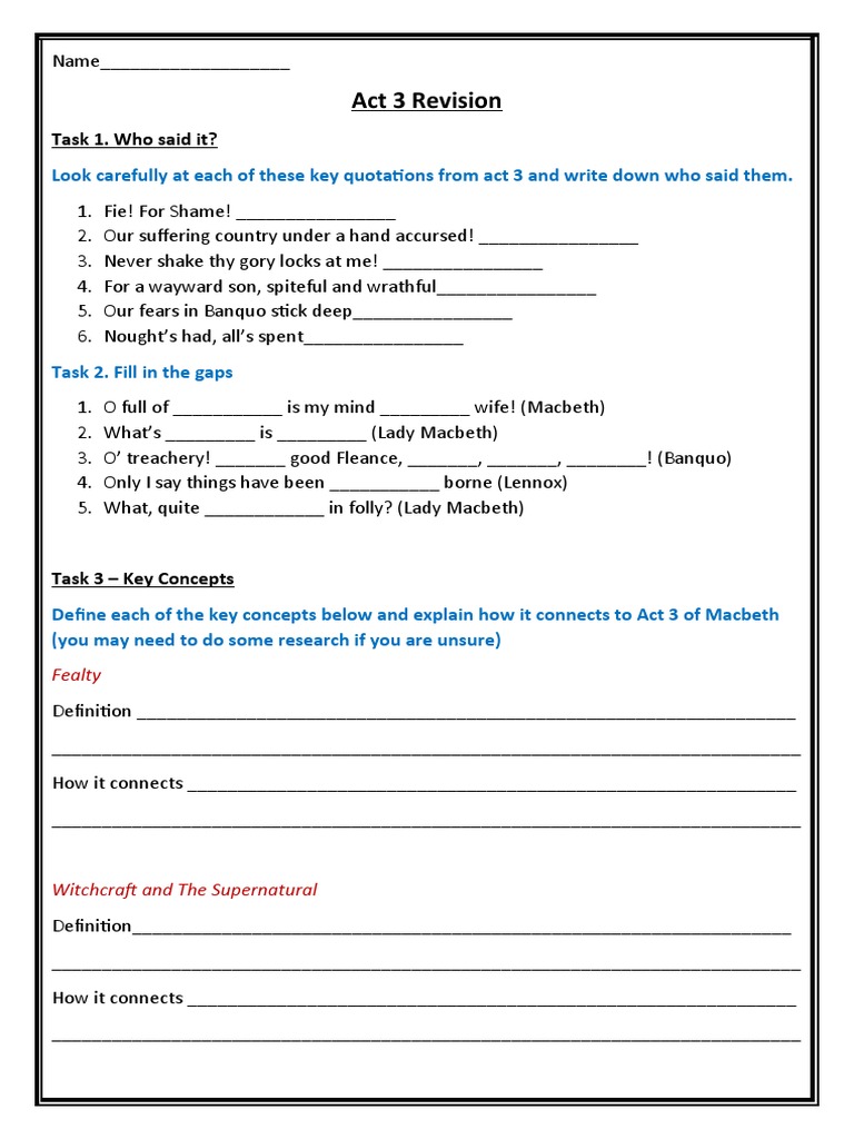 Act 3 Revision Sheet | PDF | Macbeth | Shakespearean Tragedies