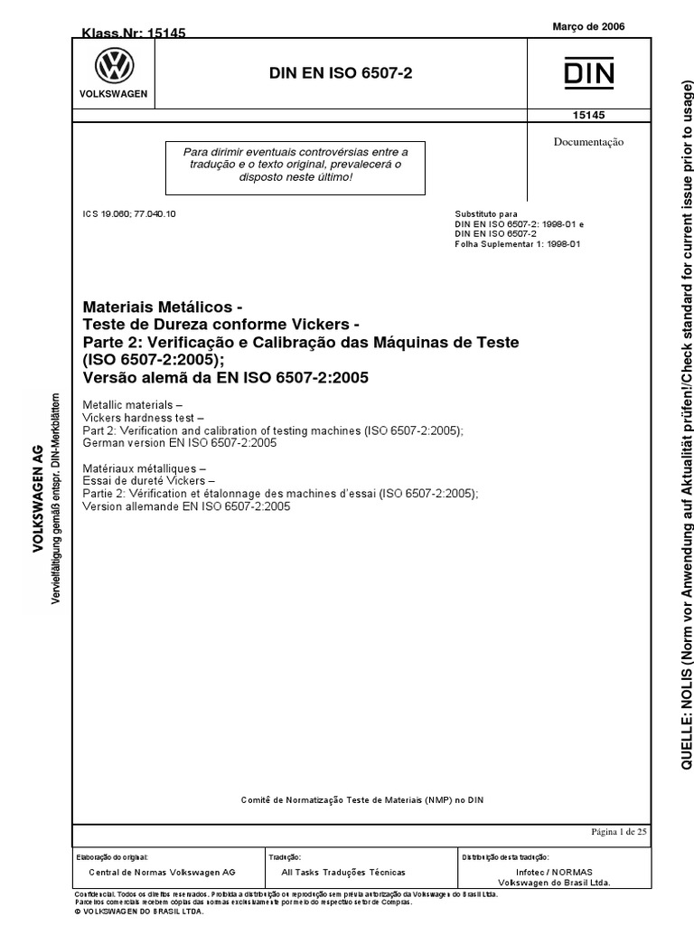 DIN EN ISO 6507 - II (Março 2006) | Download grátis PDF | Dureza | Medição