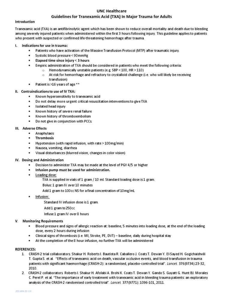 TXA Guidelines for Major Trauma Care | PDF | Bleeding | Intravenous Therapy