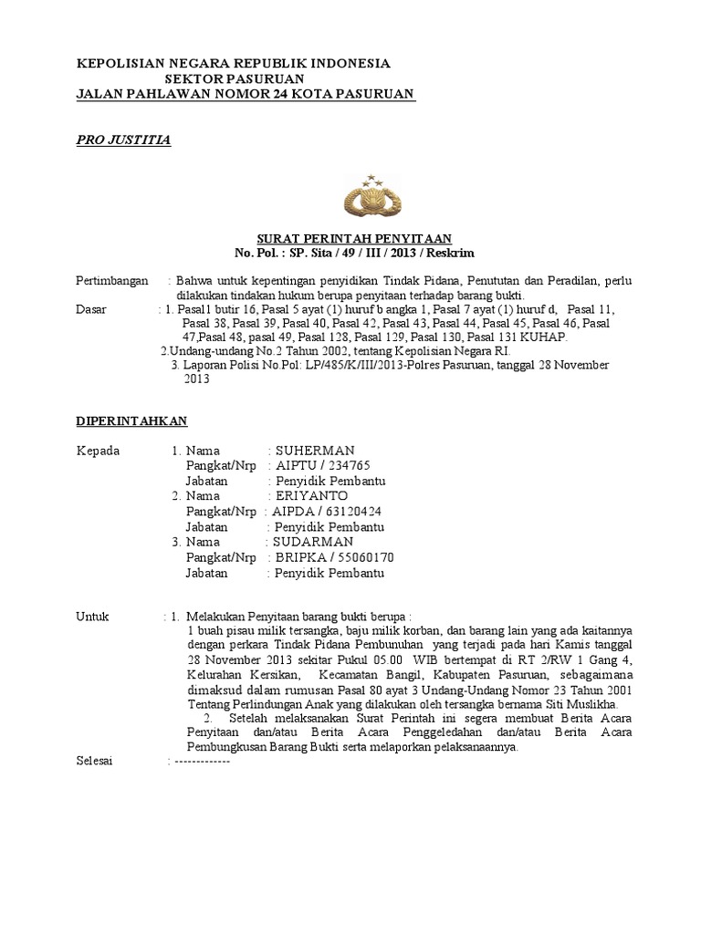 Contoh Surat Perintah Penyitaan | PDF