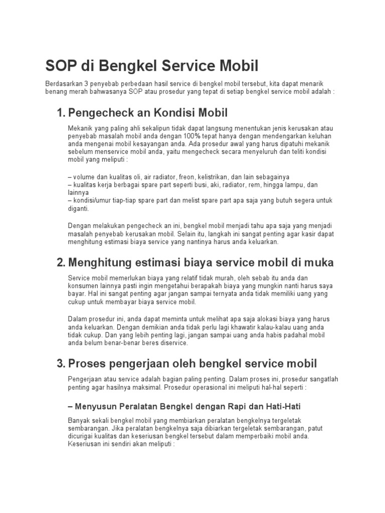SOP Di Bengkel Service Mobil | PDF