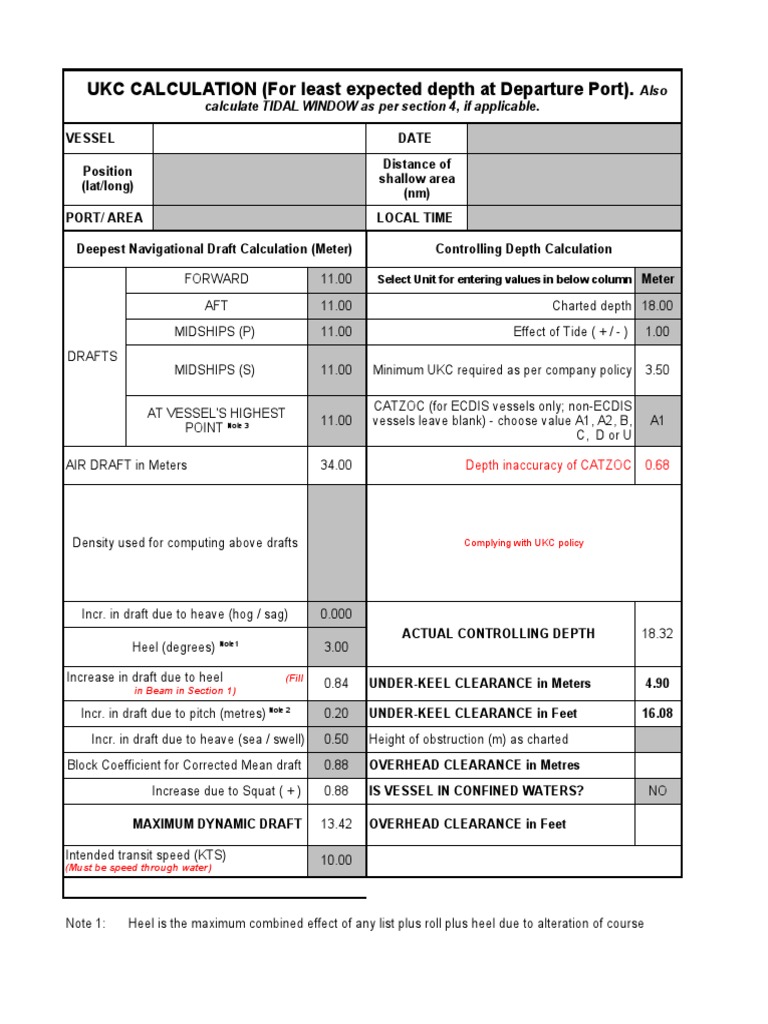 UKC CALCULATION (For Least Expected Depth at Departure Port) | PDF ...
