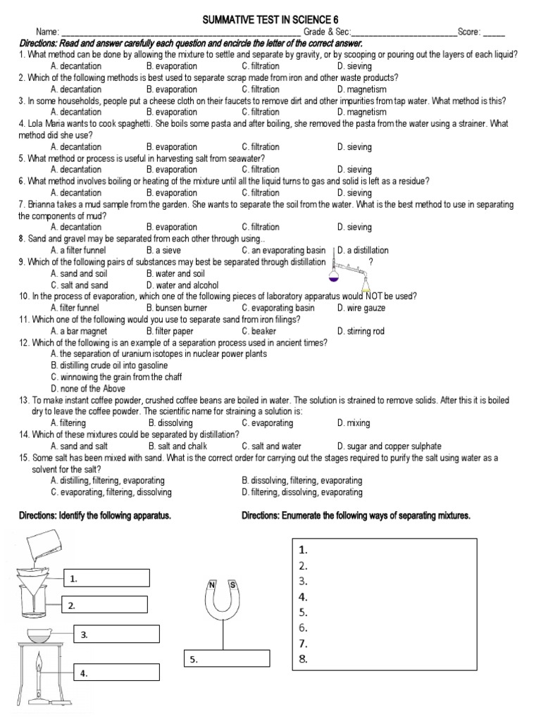 Summative Test in Science 6 q1 5 | PDF | Filtration | Distillation