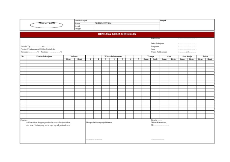 Formulir Rencana Kerja Mingguan Proyek | PDF