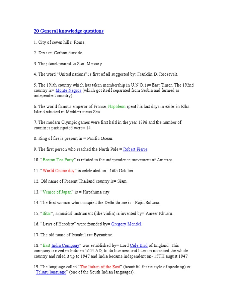 20 General Knowledge Questions | PDF | History