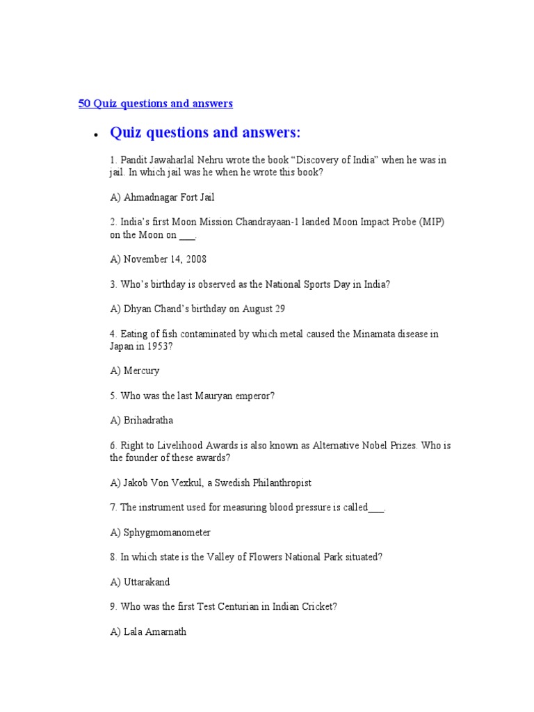 50 Quiz Questions and Answers | PDF | Nature | Sikhism