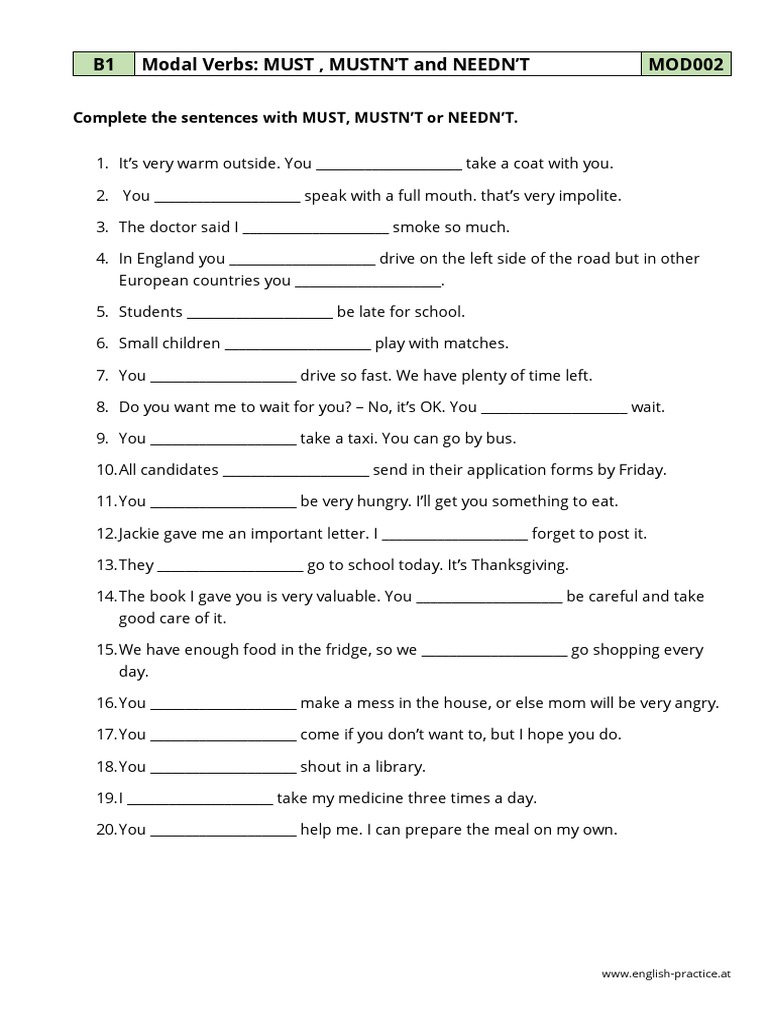 Modal Verbs: Must, Mustn't, Needn't Exercises | PDF | Morphology ...