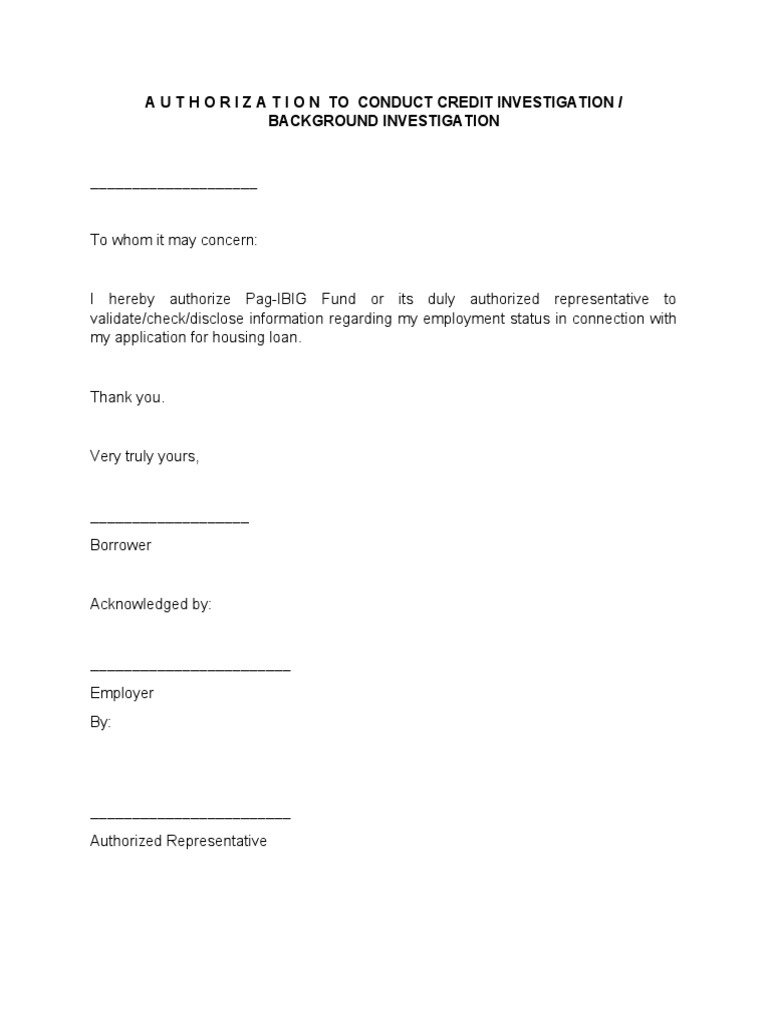 A U T H o R I Z A T I o N To Conduct Credit Investigation | PDF ...
