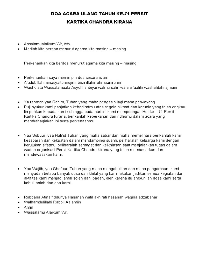 DOA ACARA ULANG TAHUN KE-71 Persit | PDF