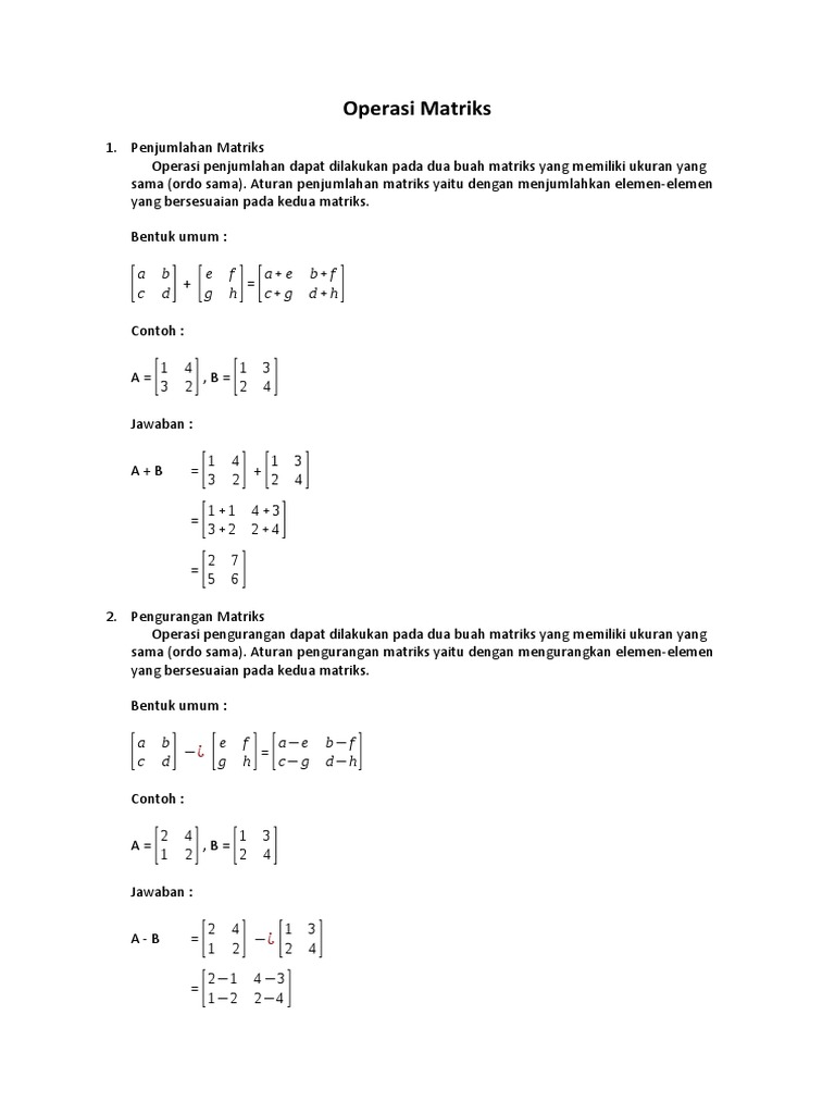 Operasi Dasar Matriks dan Contohnya | PDF | Metode & Bahan Ajar | Sains ...