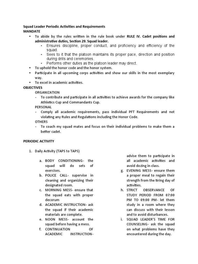 Squad Leader Periodic Activities and Requirements Mandate | PDF ...
