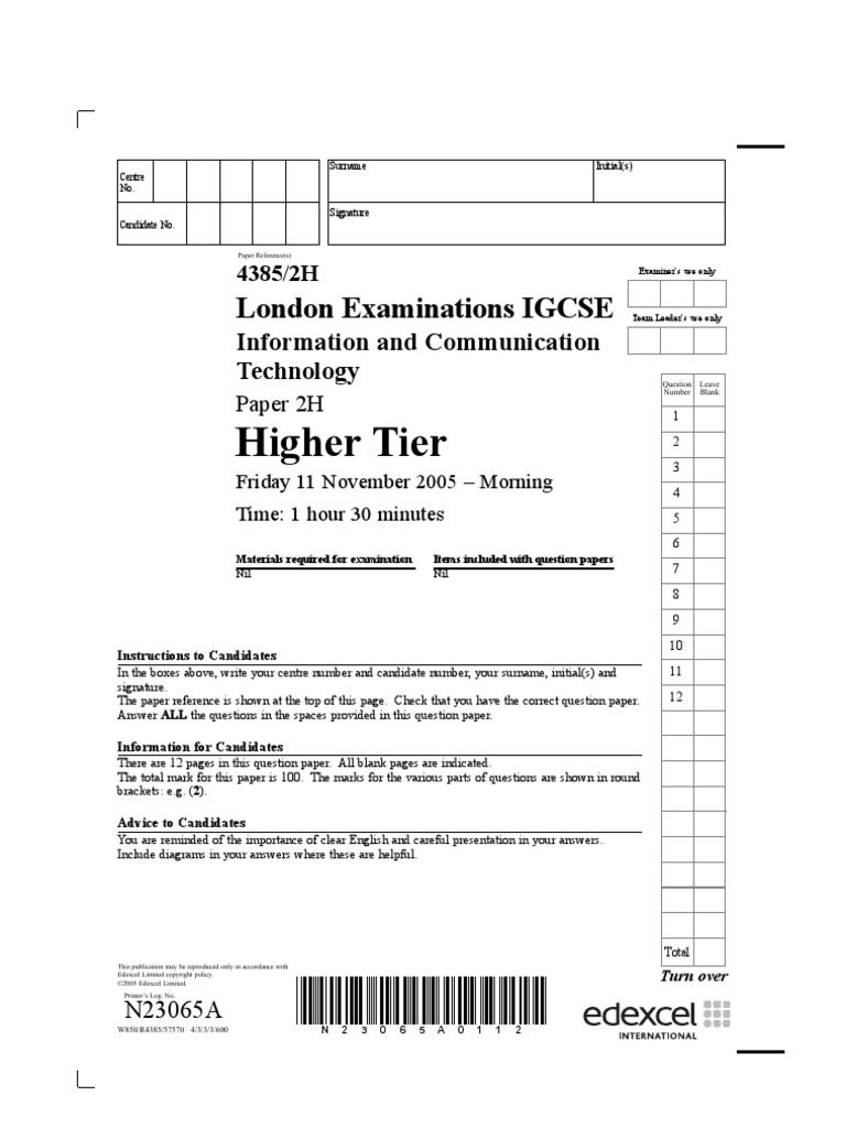 Edexcel November 2005 ICT Paper 2H | PDF | Pixel | Computer Network