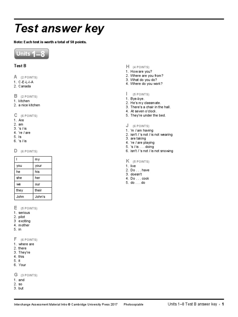 Test Answer Key: Units | PDF