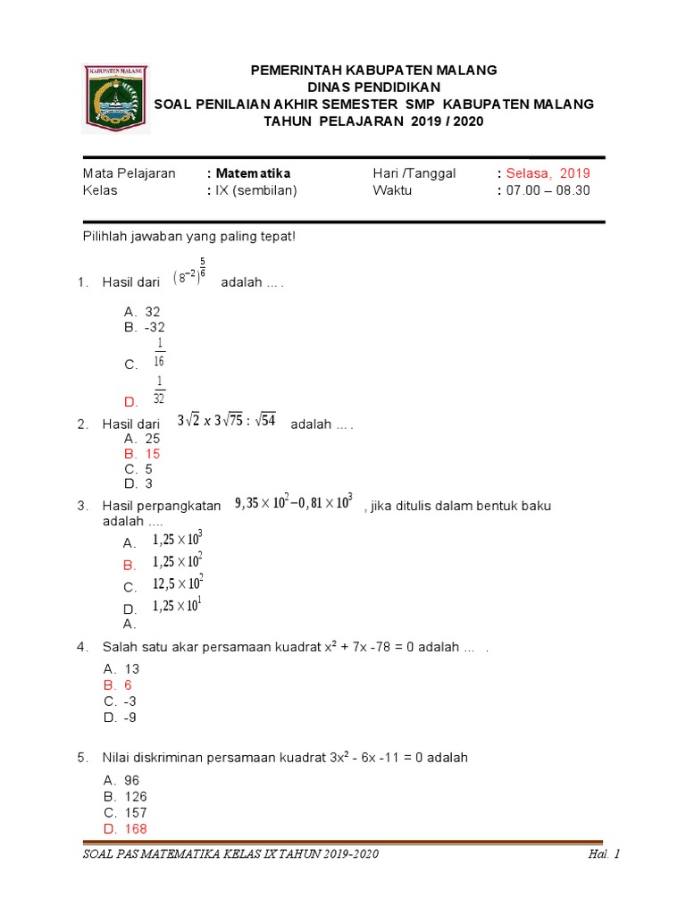 SOAL PAS MATEMATIKA 9 THN 2019-2020 Edit | PDF