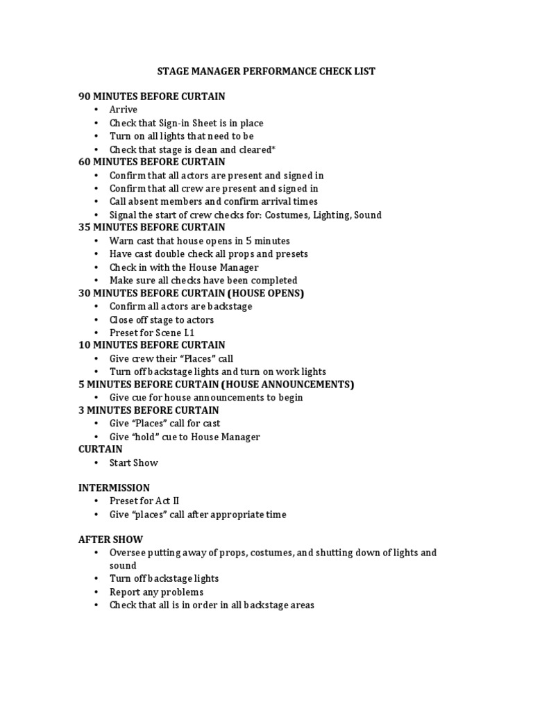 STAGE MANAGER PERFORMANCE CHECK LIST Addams | PDF