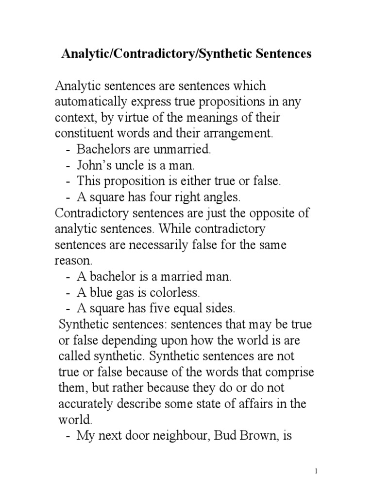 Analytic/Contradictory/Synthetic Sentences | PDF