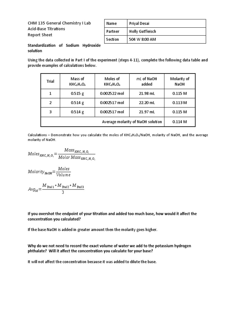 CHM 135 General Chemistry I Lab Acid-Base Titrations Report Sheet | PDF ...