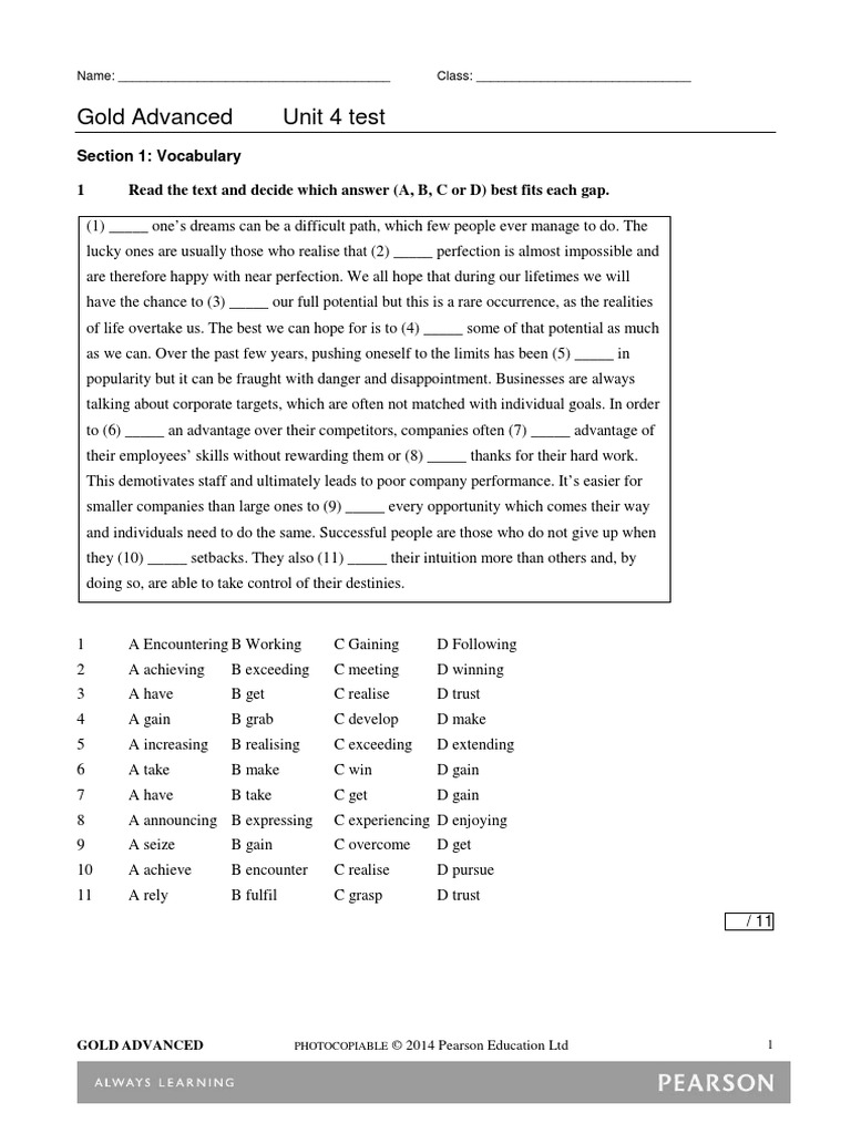 Gold Advanced Unit 4 Test | PDF | Human Nature | Entertainment (General)