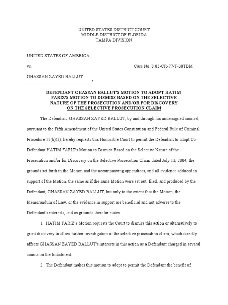 Motion To Dismiss Selective Prosecution | Prosecutor | Discovery (Law)