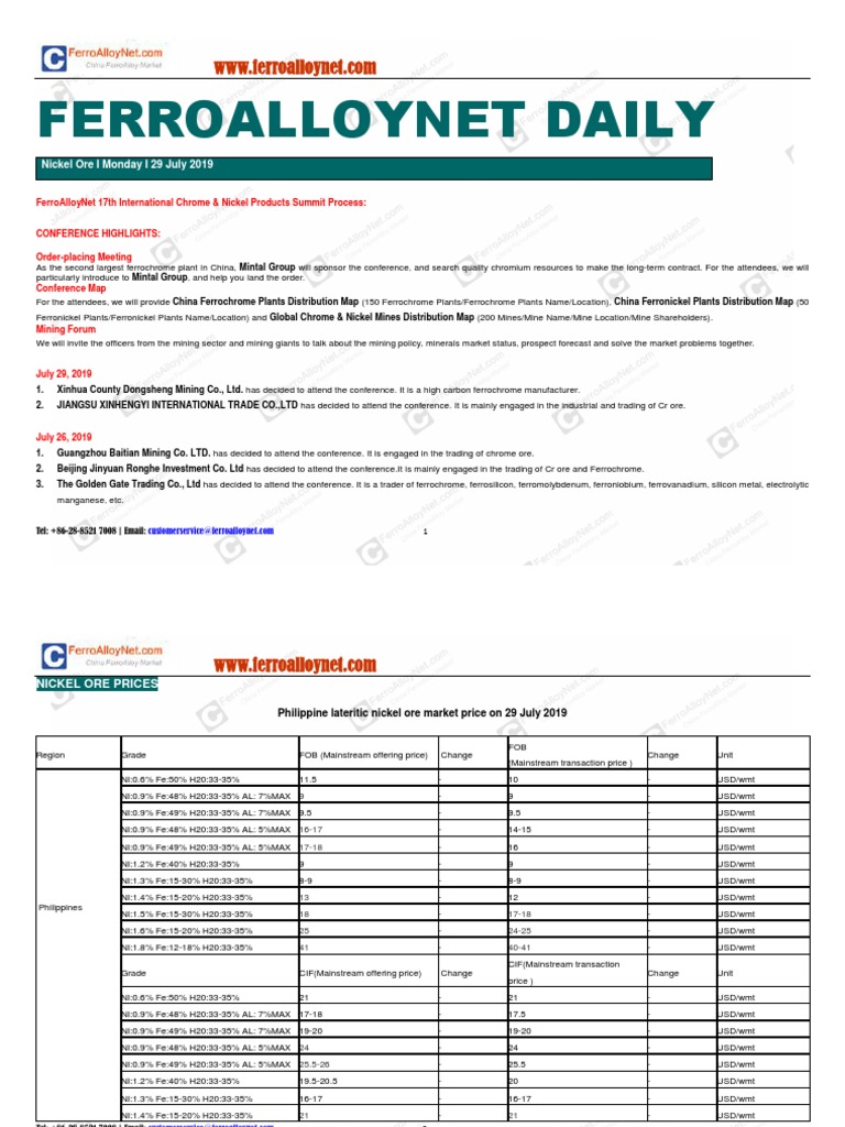 Nickel Ore Daily Report On 29 July, 2019 | PDF | Cobalt | Mining