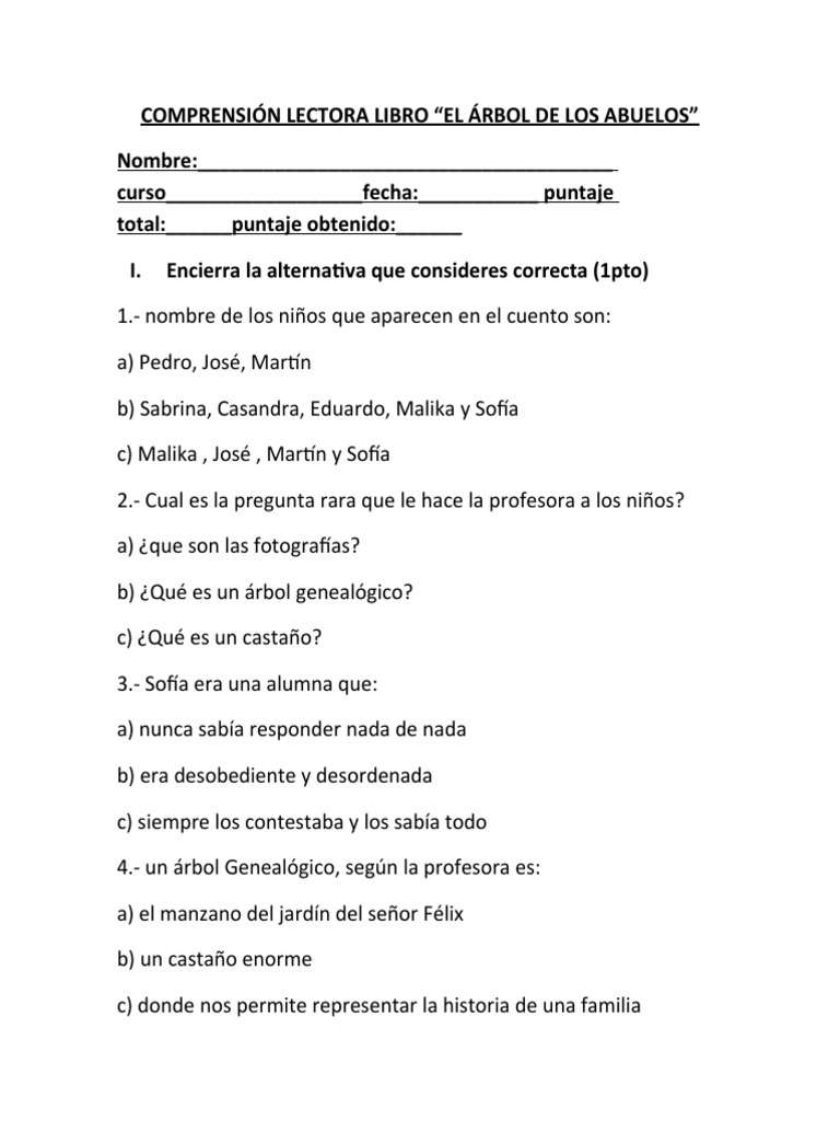 Prueba de Comprensión: "El Árbol de los Abuelos" | PDF | Artes del ...
