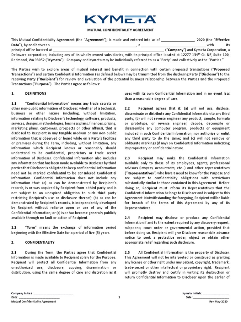 Kymeta MNDA (Rev May 29 2020) | PDF | Discovery (Law) | Legal Remedy