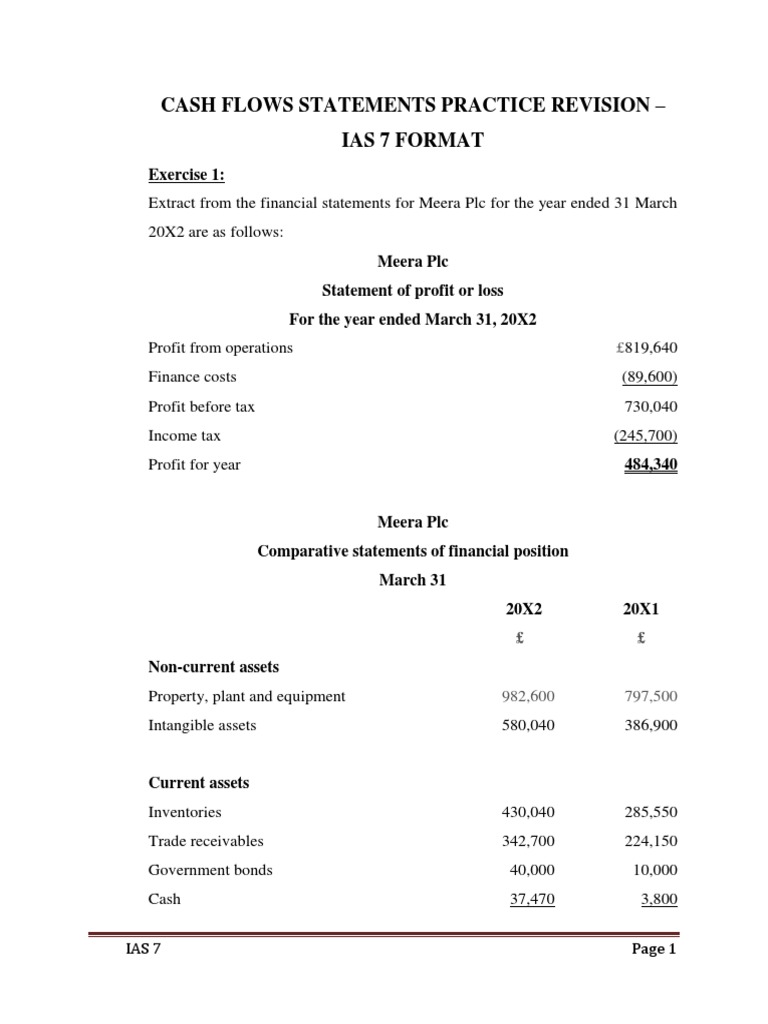 Cash Flows Statements Practice Revision - Ias 7 Format: Exercise 1 ...