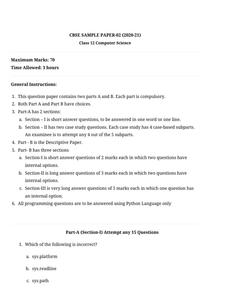 CBSE SAMPLE PAPER-02 (2020-21) : Class 12 Computer Science | PDF ...