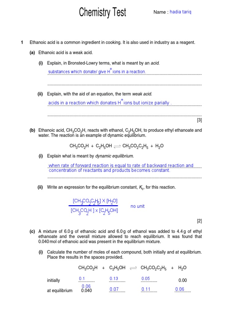 Analysis of a Chemistry Test on Acids, Equilibria and Redox Reactions ...