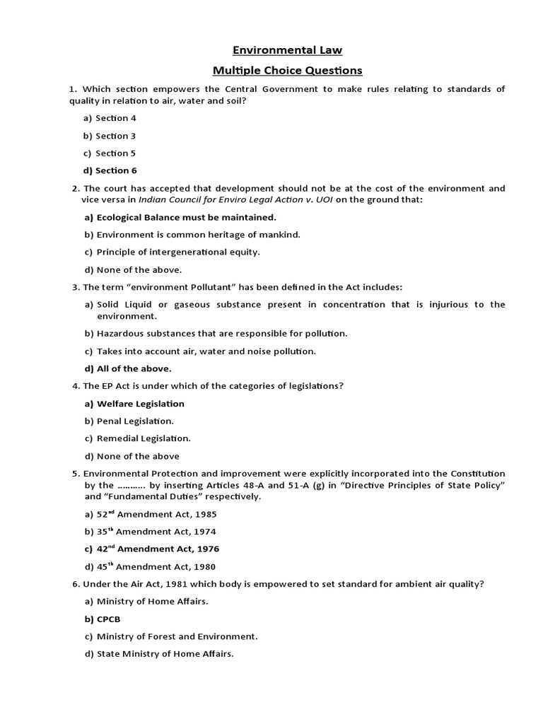 Environmental Law MCQs and Answers | PDF | Environmental Impact ...