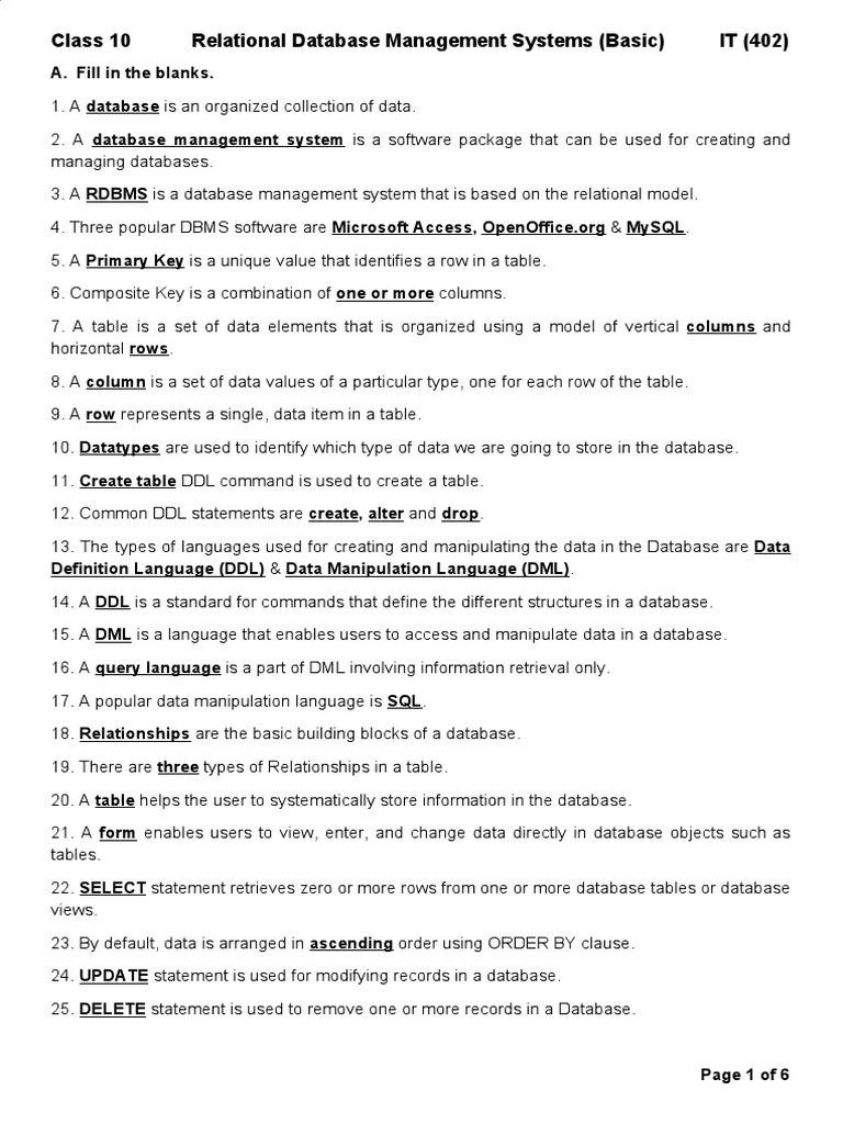 Chapter - RDBMS (Basic) Class 10 | PDF | Relational Database | Databases