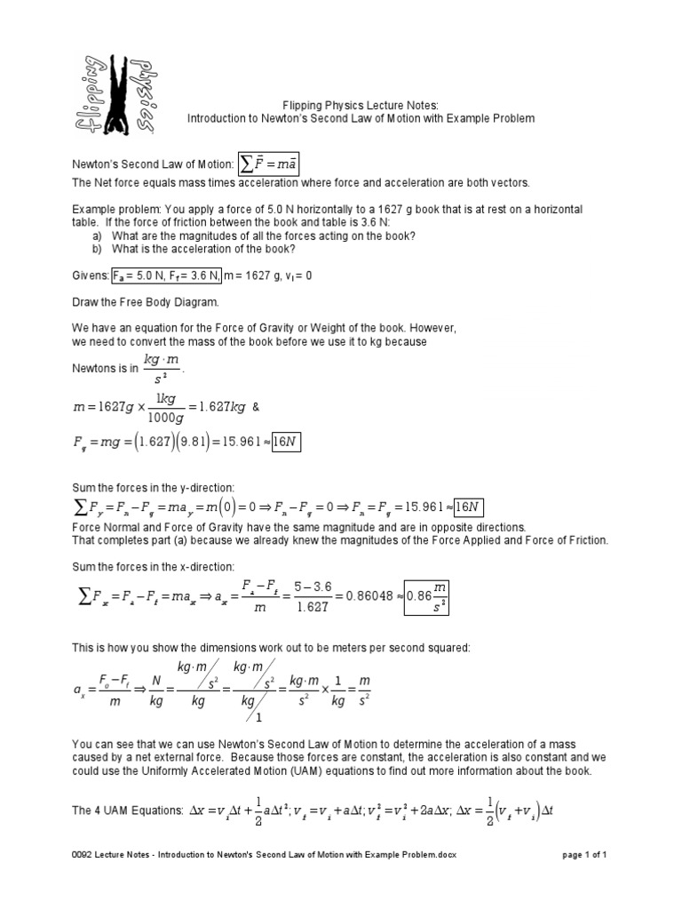 0092 Lecture Notes - Introduction To Newton's Second Law of Motion With ...