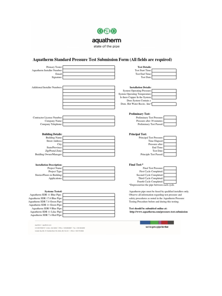 Aquatherm Standard Pressure Test Submission Form (All Fields Are ...