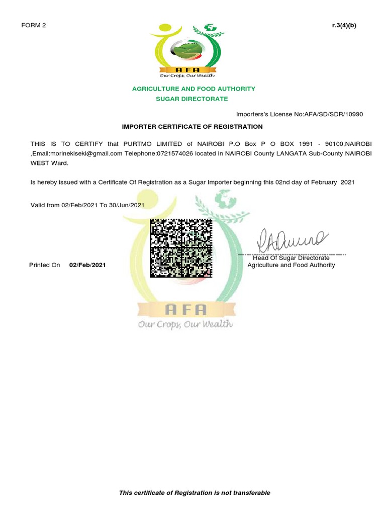 Sugar Importer Registration Certificate | PDF