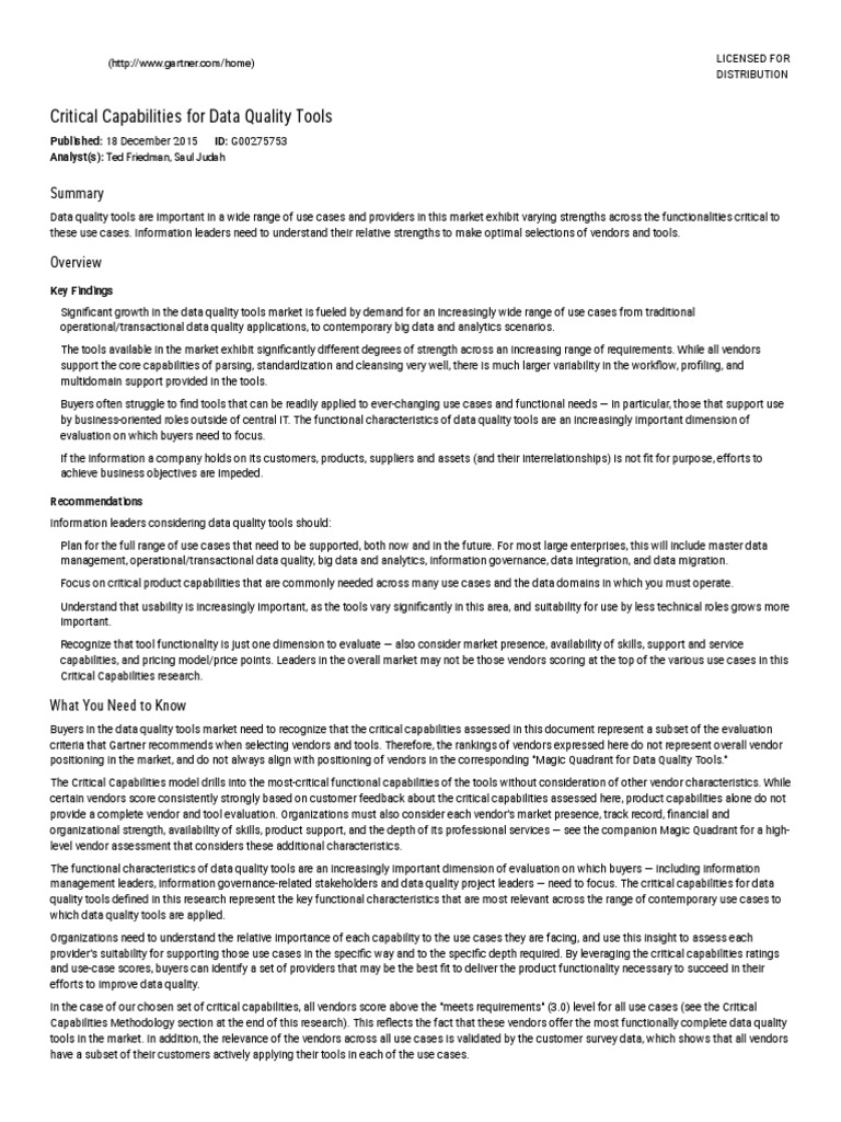 Critical Capabilities For Data Quality Tools Asset ID 407171 | PDF ...