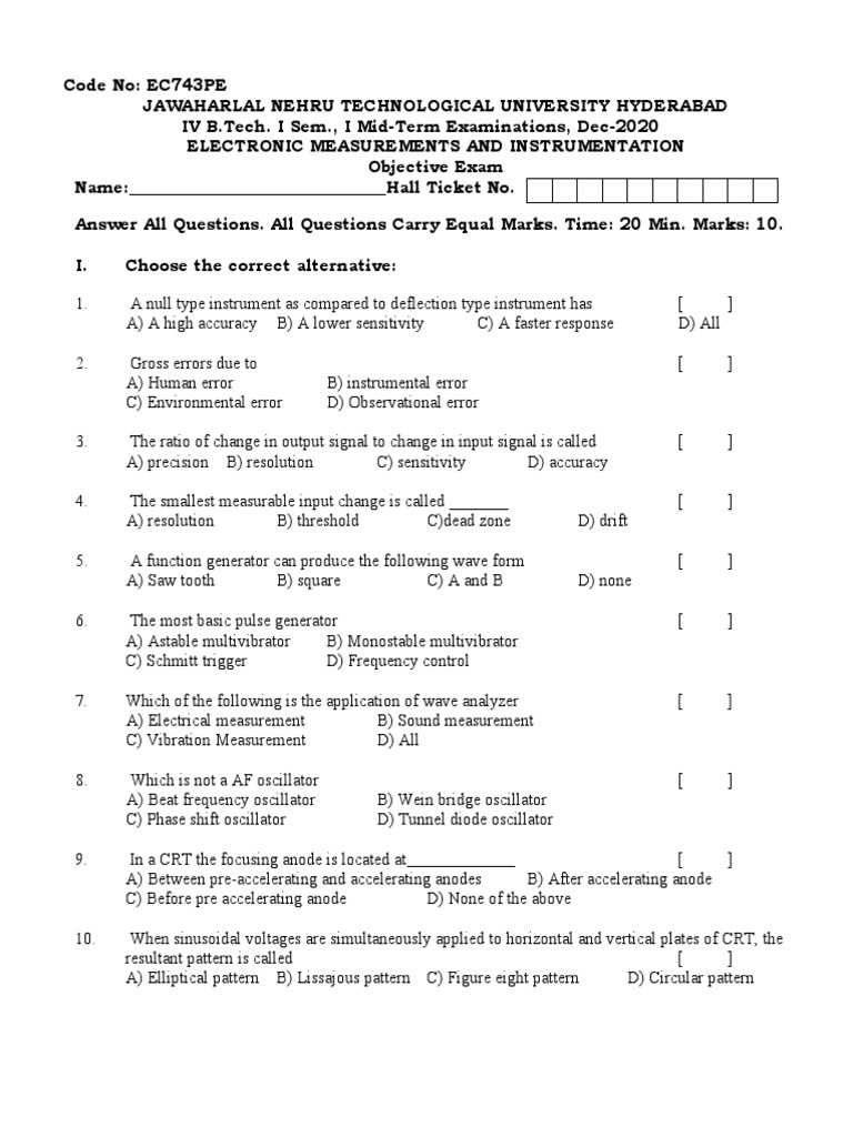 Objective Type Question Paper for Electronic Measurements and ...