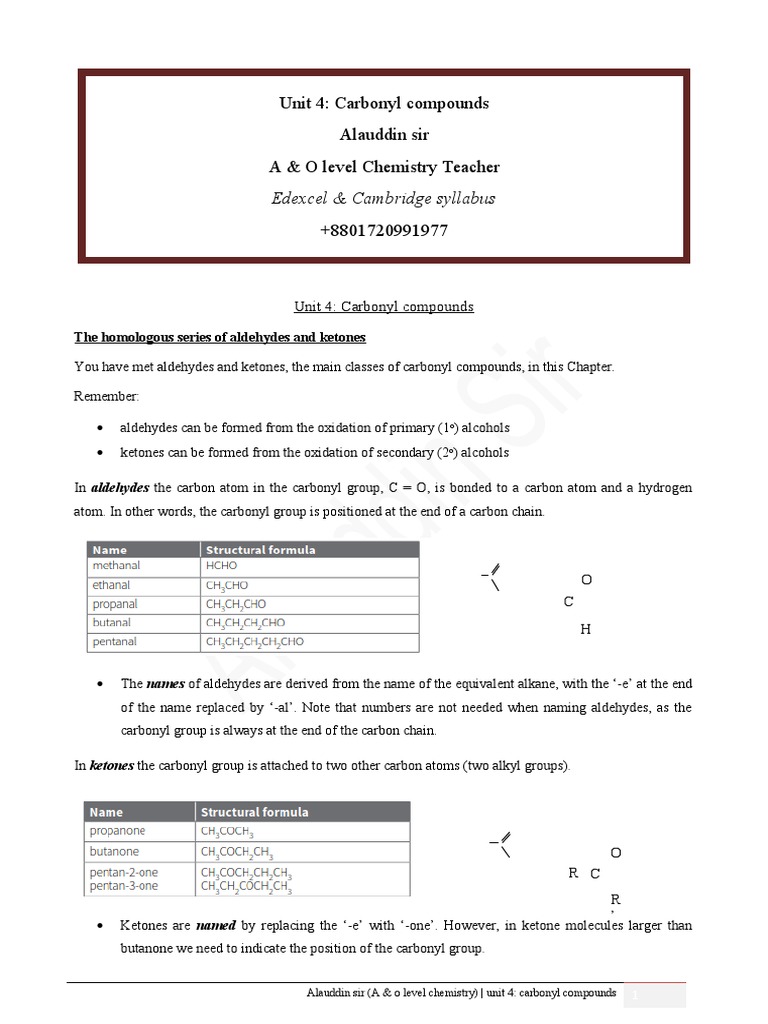 Edexcel & Cambridge Syllabus: Unit 4: Carbonyl Compounds Alauddin Sir A ...