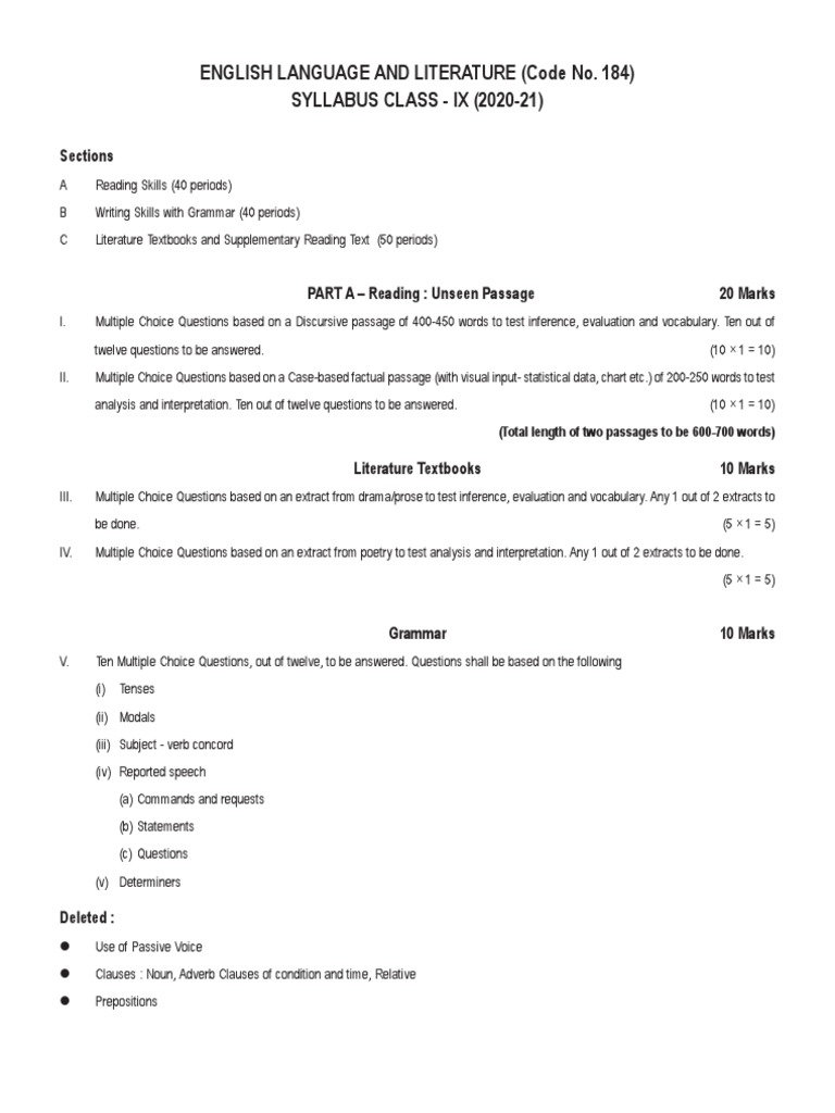 English Language and Literature (Code No. 184) SYLLABUS CLASS - IX ...