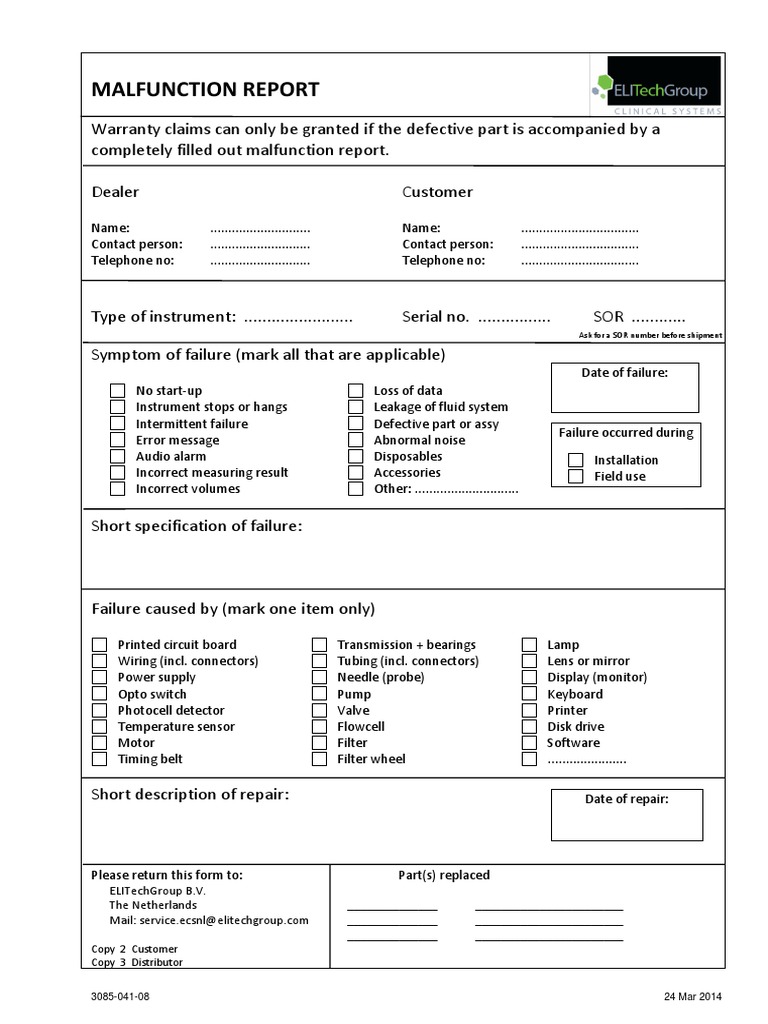 3085-041-08 Malfunction Report-2 | PDF | Manufactured Goods | Equipment