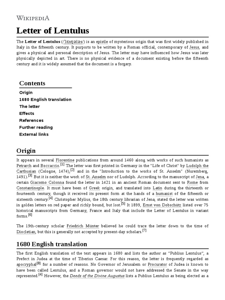 Letter of Lentulus: Origin 1680 English Translation The Letter Effects ...