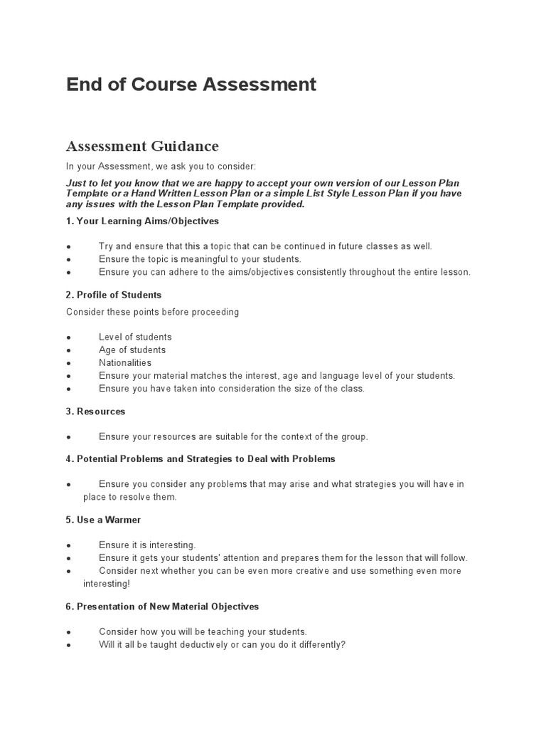 End of Course Assessment Guidelines | PDF | Lesson Plan | Education Theory