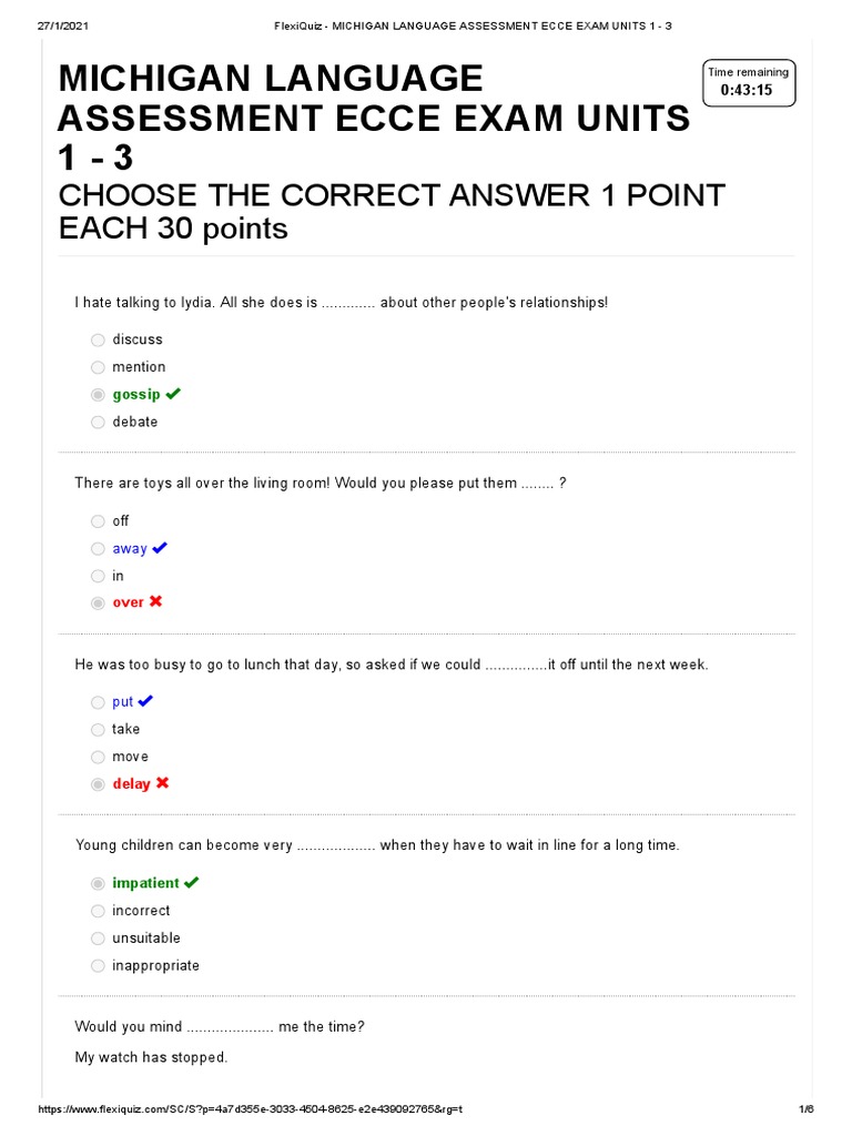 FlexiQuiz - MICHIGAN LANGUAGE ASSESSMENT ECCE EXAM UNITS 1 - 3 | PDF