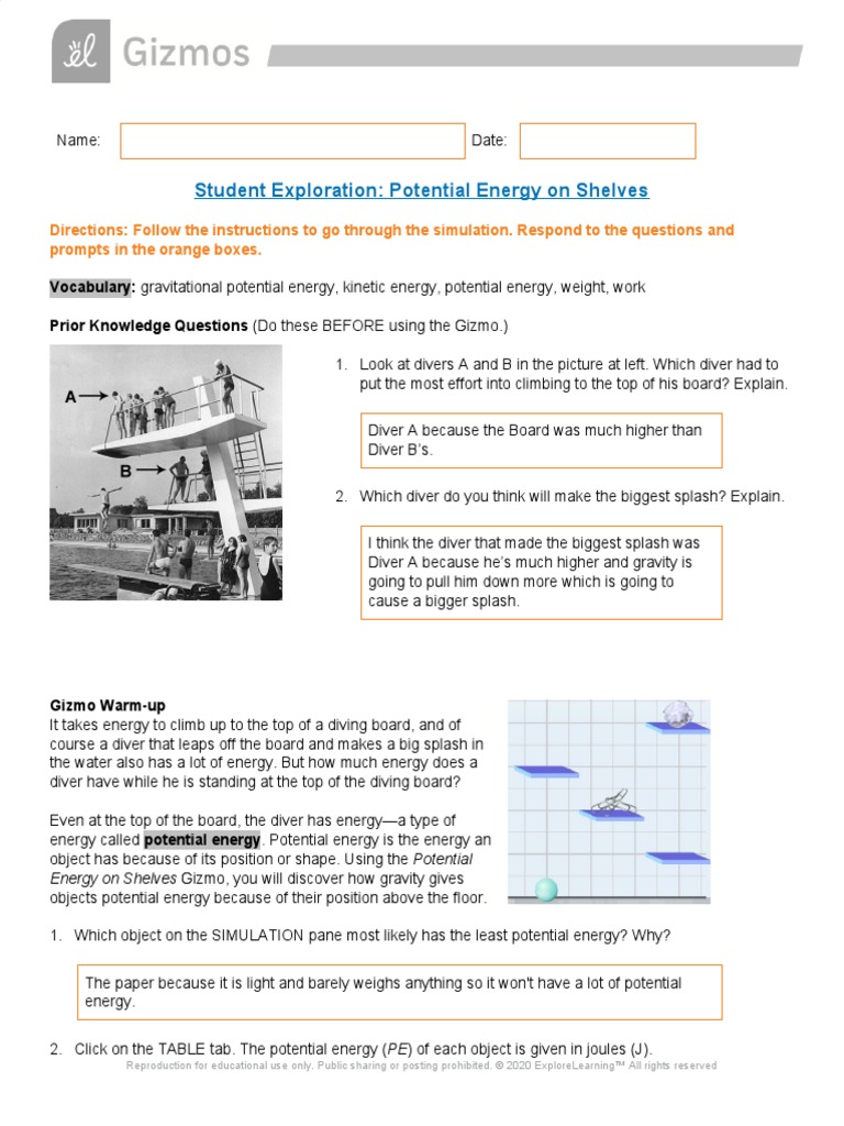Student Exploration: Potential Energy On Shelves | PDF | Potential ...