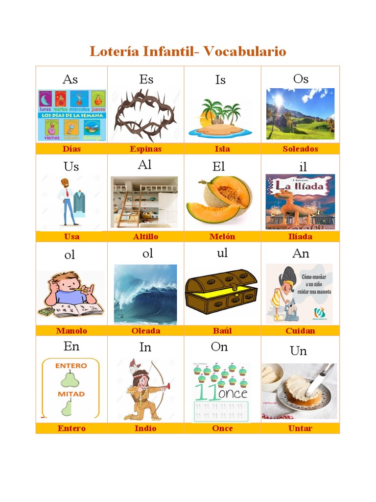Lotería Infantil: Vocabulario para Niños | PDF