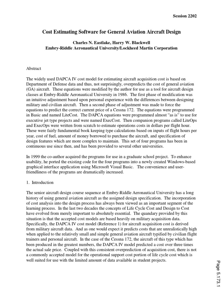 Cost Estimating Software For General Aviation Aircraft Design | PDF ...
